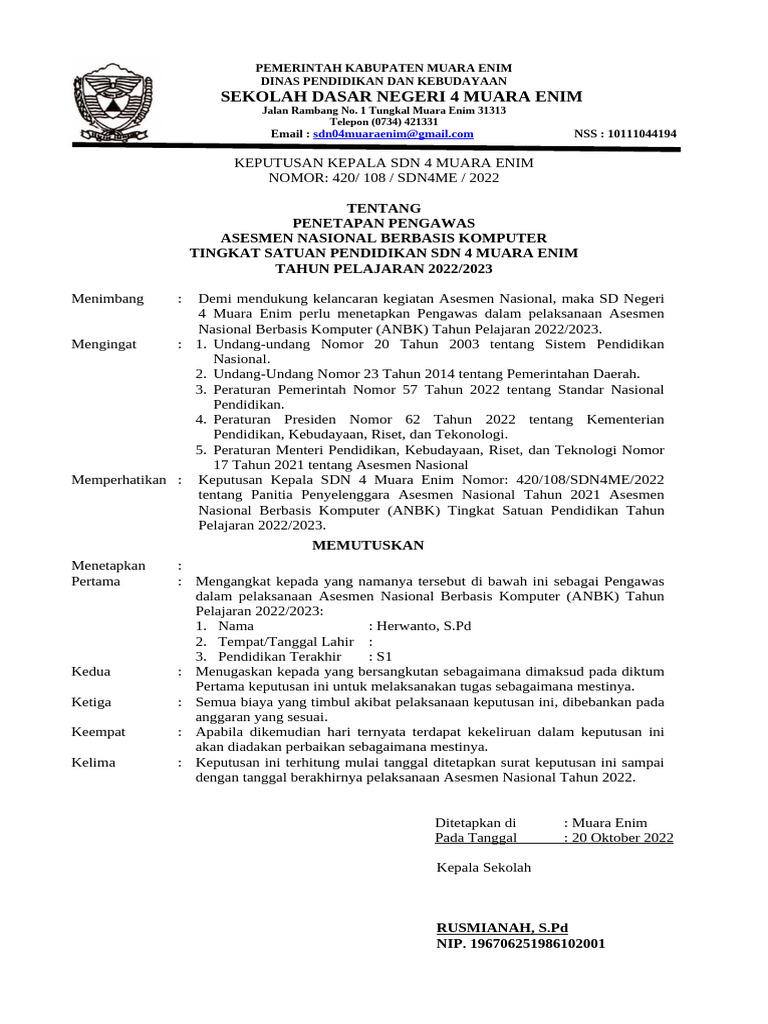 SK Pengawas ANBK Tahun 2021 Tingkat Satuan Pendidikan (GuruZamanNow - Id) | PDF