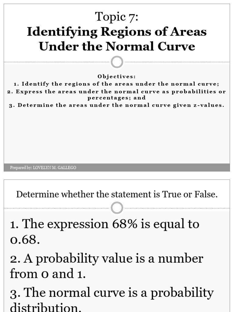 Topic 7 - Identifying Regions of Areas Under The Normal Curve 1 | PDF ...