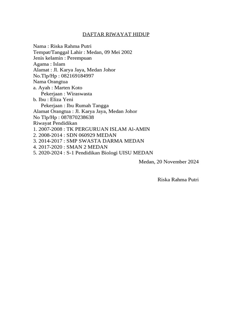 Daftar Riwayat Hidup Riska Rahma Putri | PDF