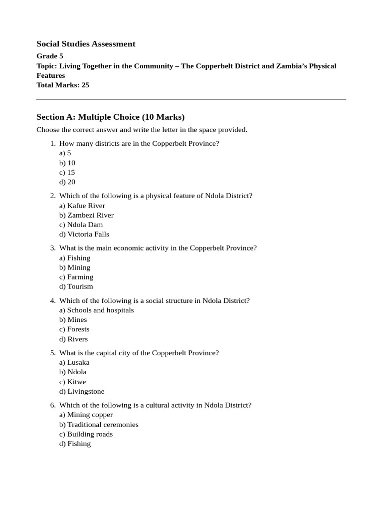 Grade 5 Social Studies Assessment | PDF | Zambia | Minerals