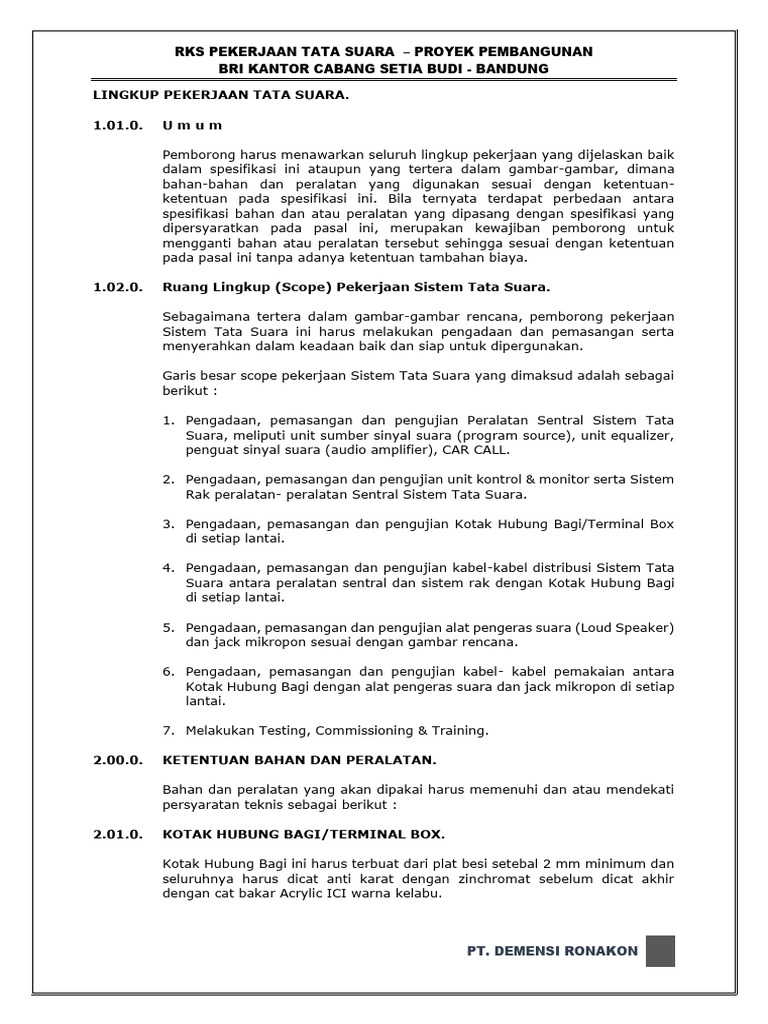 Spesifikasi Teknis Pekerjaan Tata Suara | PDF