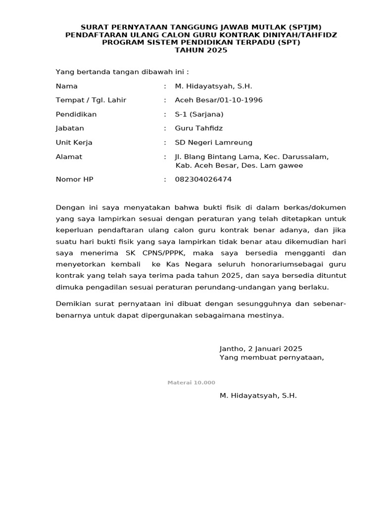 Bahan Pendaftaran Ulang Guru SPT-2025 | PDF