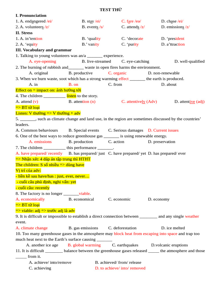 Test TH Đáp Án | PDF | Climate Change | Greenhouse Gas