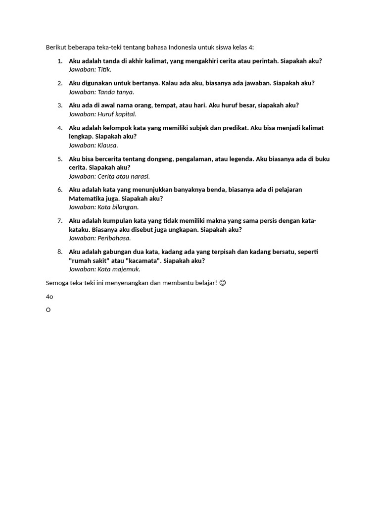 Teka-Teki Bahasa Indonesia Kelas 4 | PDF