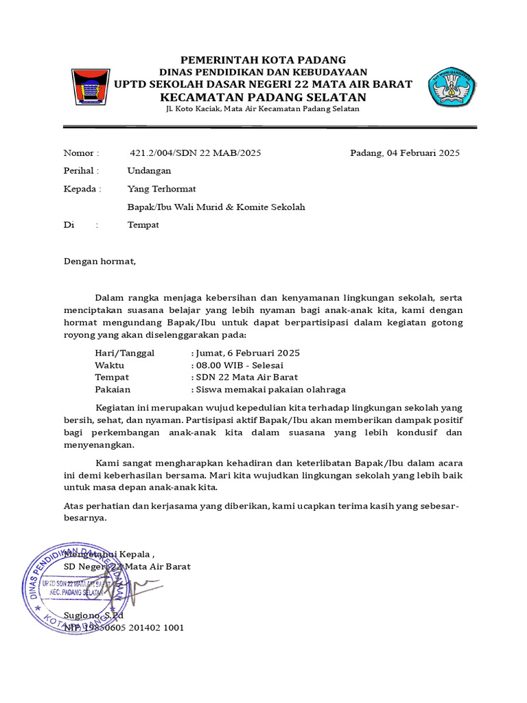 Undangan Goro Sekolah Untuk Wali Murid | PDF