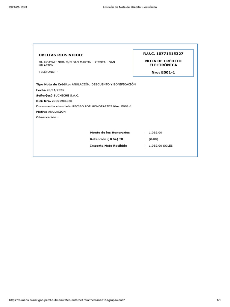 SUNAT - ANULACION RH E001-01 | PDF