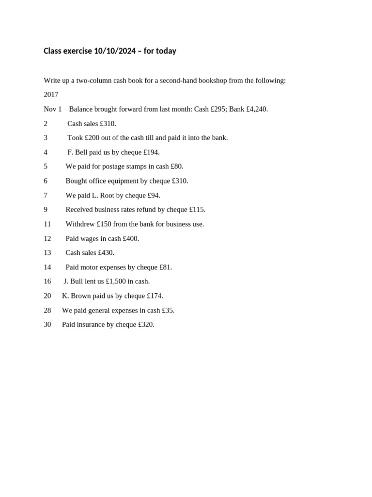 Two-Column Cash Book Exercise | PDF