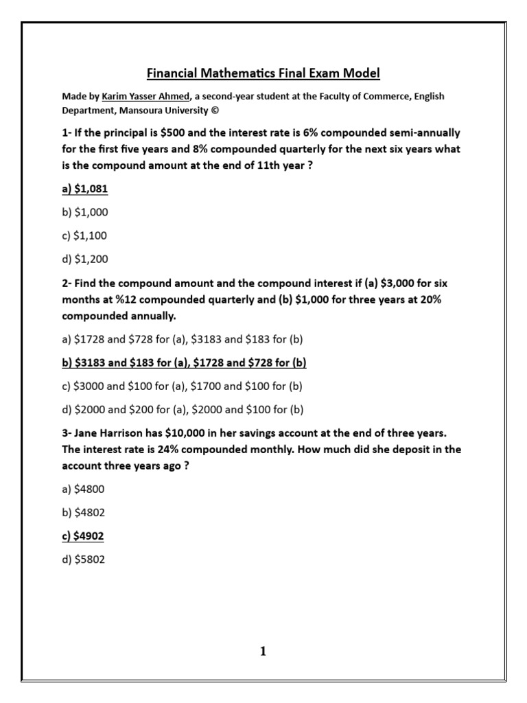 Fin Math Final Exam Model - Karim Yasser | PDF | Present Value | Interest
