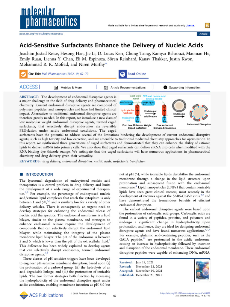 ACid sensitive surfactants enhance delivery of nucleic acids | PDF ...