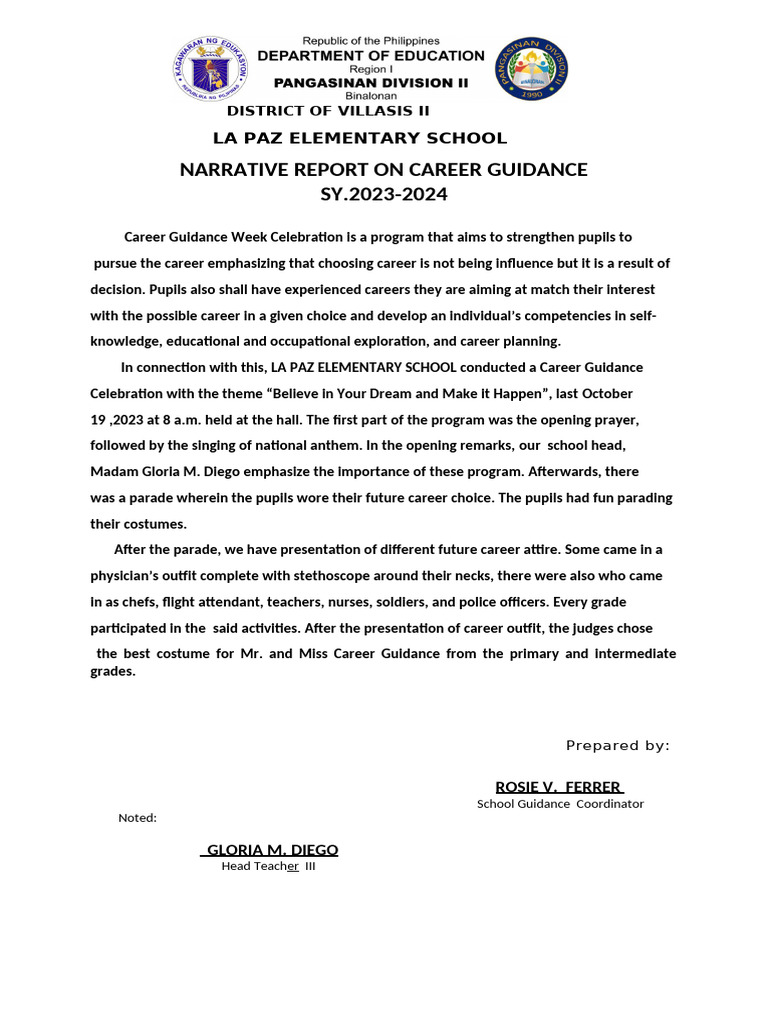 Narrative Report On Career Guidance 2023 | PDF