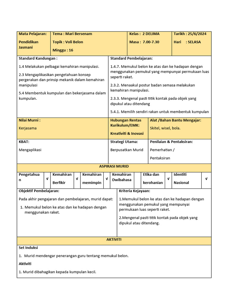RPH PJ TAHUN 2 2024 M14 @ ARAS | PDF