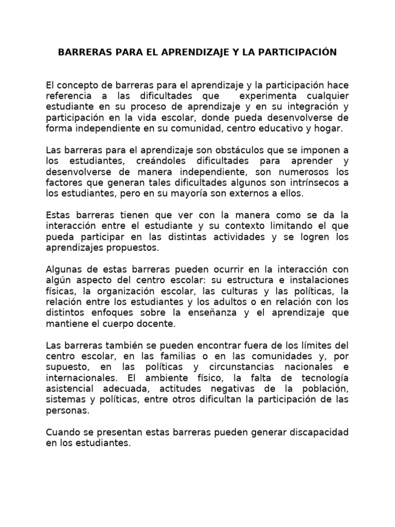 Barreras para El Aprendizaje y La Participacion | PDF | Aprendizaje | Maestros
