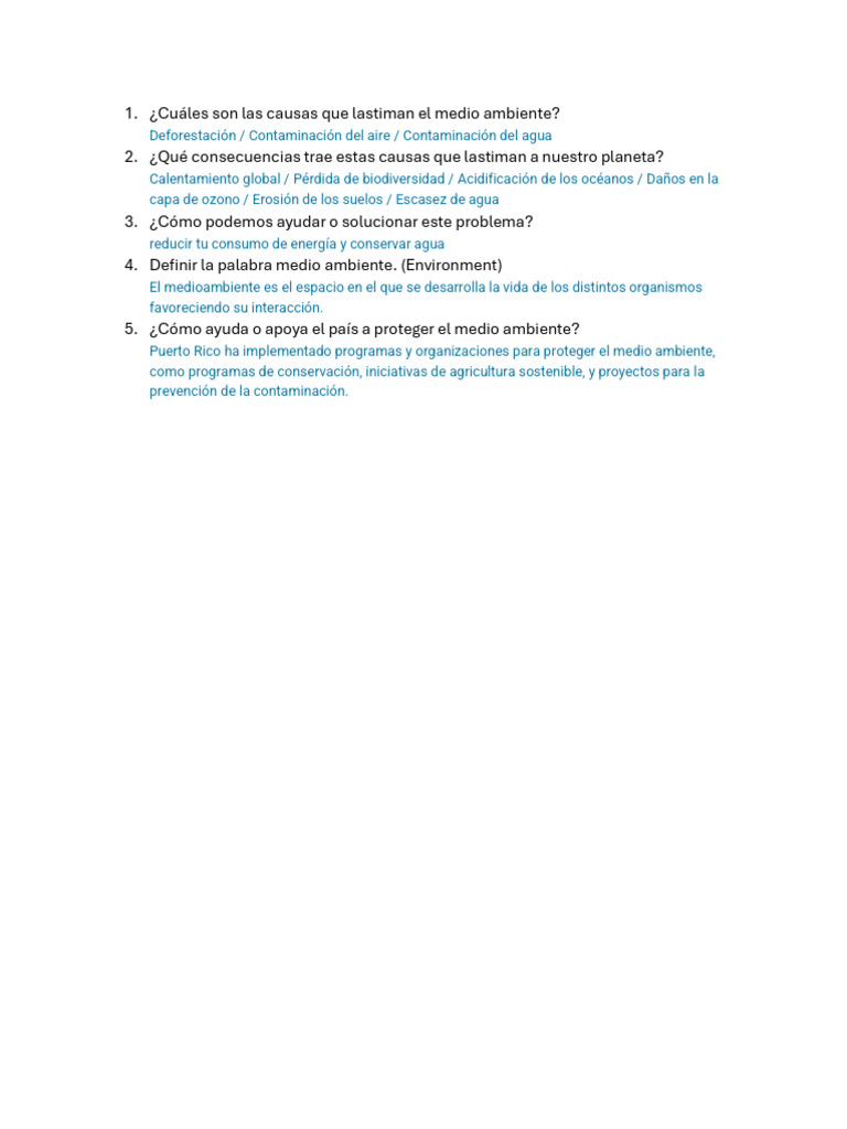 Spanish Project Feb-6-2025 El Medio Ambiente Questions | PDF