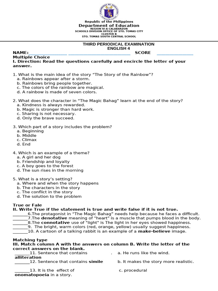 Third Periodical Test English 4 Edited | PDF