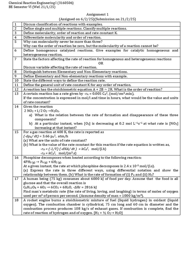 CRE I - Assignment - 1 (6-2-25 To 21-2-25) | PDF | Reaction Rate | Combustion