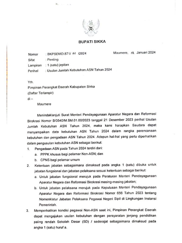 Surat Usulan Kebutuhan ASN Tahun 2024 | PDF