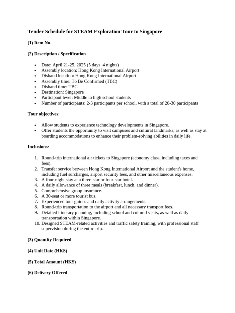 Tender Schedule for STEAM Exploration Tour to Singapore | PDF | Fee ...