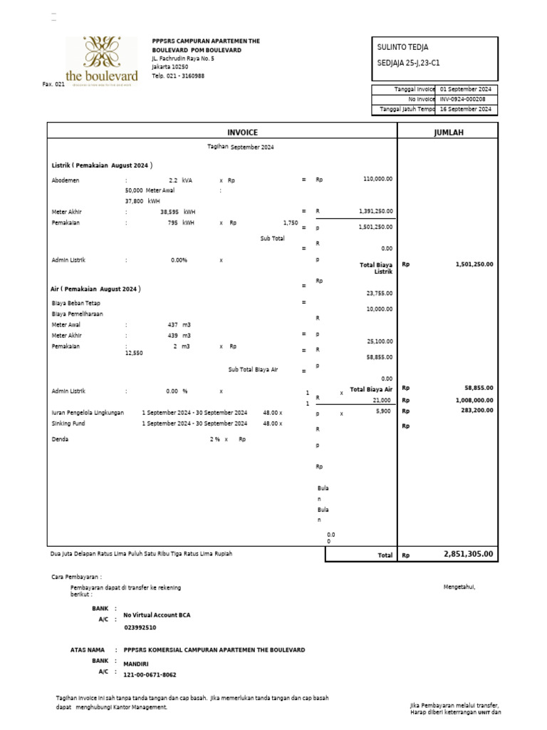 Invoice Tagihan Listrik dan Air September 2024 | PDF