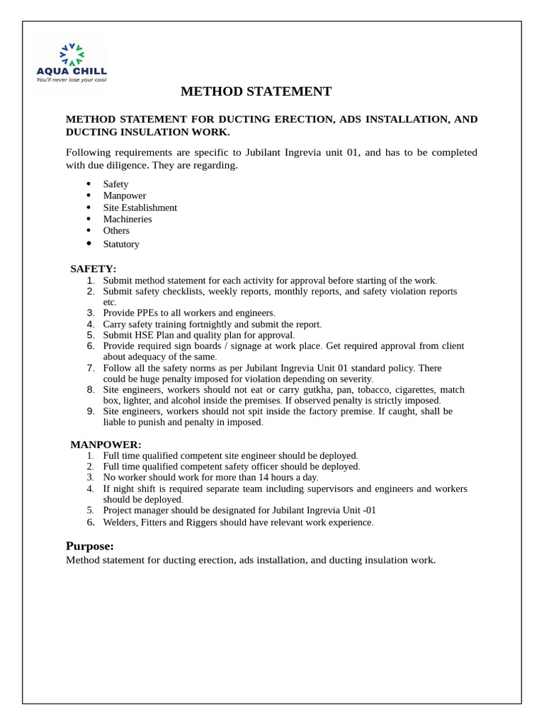 Ducting Work Method Statement | PDF | Building Insulation | Duct (Flow)