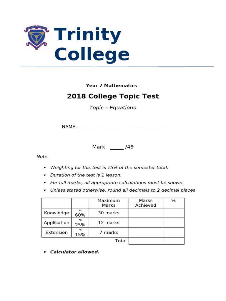 Year 7 Equations Test 2018 | PDF | Equations | Mathematical Objects