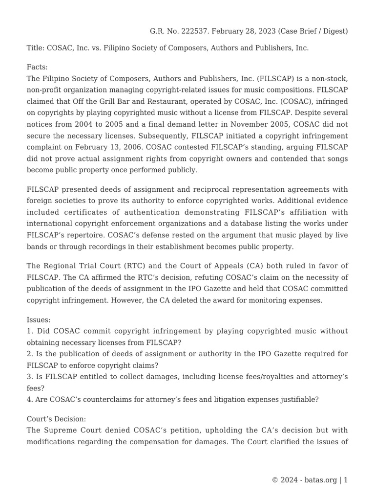 COSAC vs. FILSCAP: Copyright Infringement Case | PDF | Copyright ...