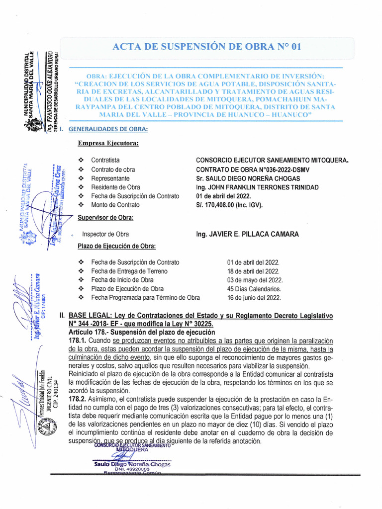 Acta de Suspension de Obra - Mitoquera | PDF