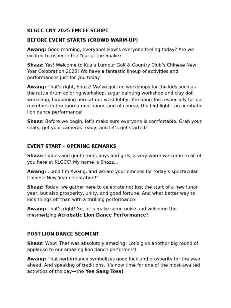 KLGCC CNY 2025 EMCEE SCRIPT_edited | PDF