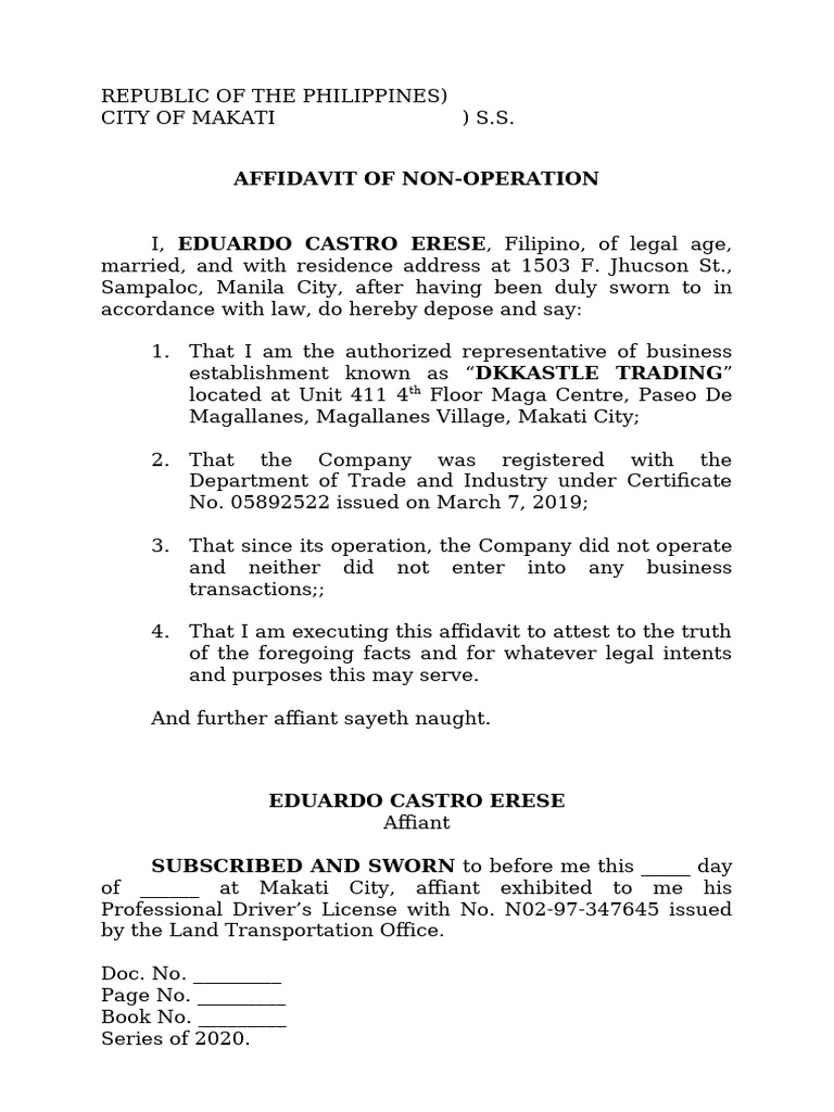 Affidavit No-Operation DKKASTLE TRADING | PDF