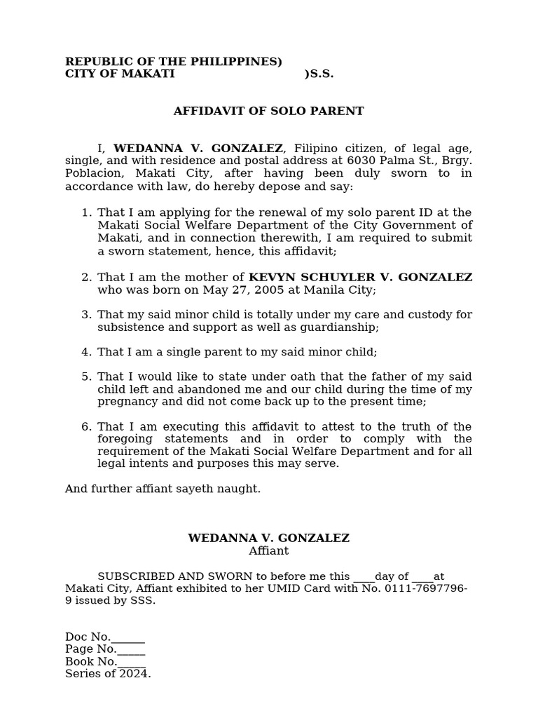 Affidavit of Solo Parent and Loss | PDF | Affidavit | Legal Procedure