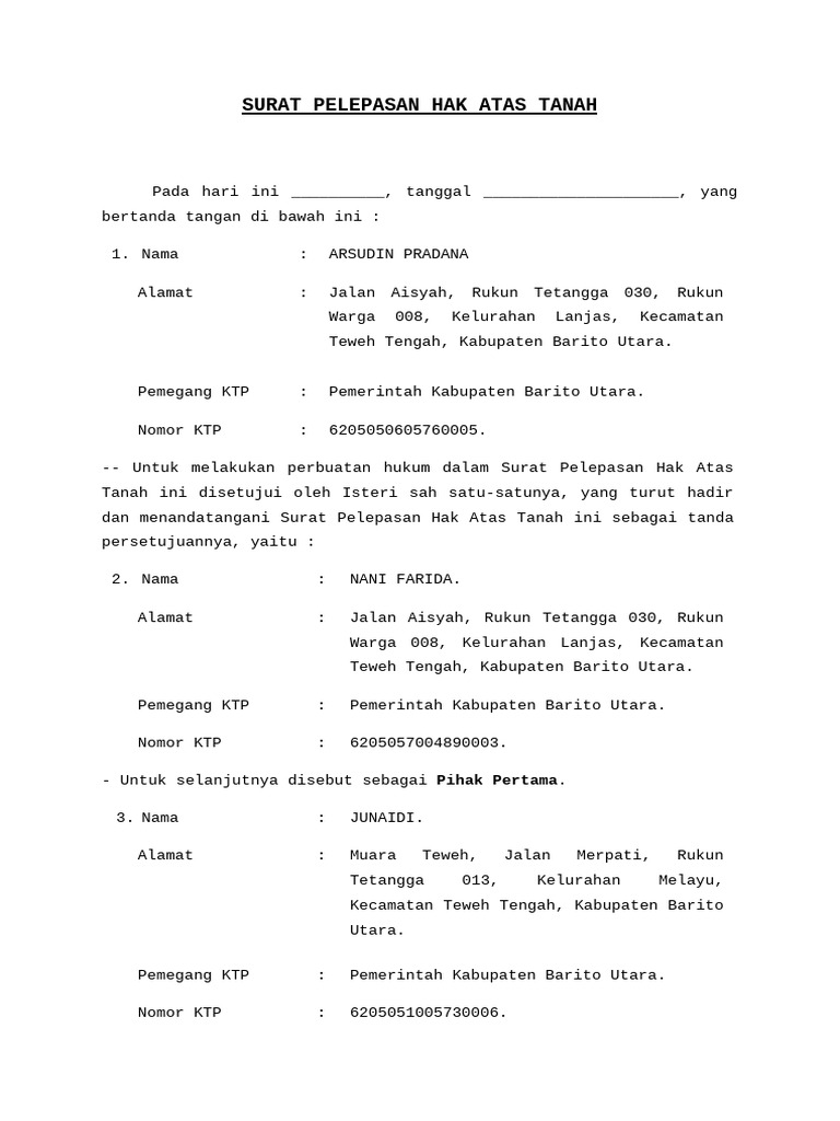SURAT PELEPASAN HAK ATAS TANAH DINAS PUPR -ARSUDIN. P SKT | PDF