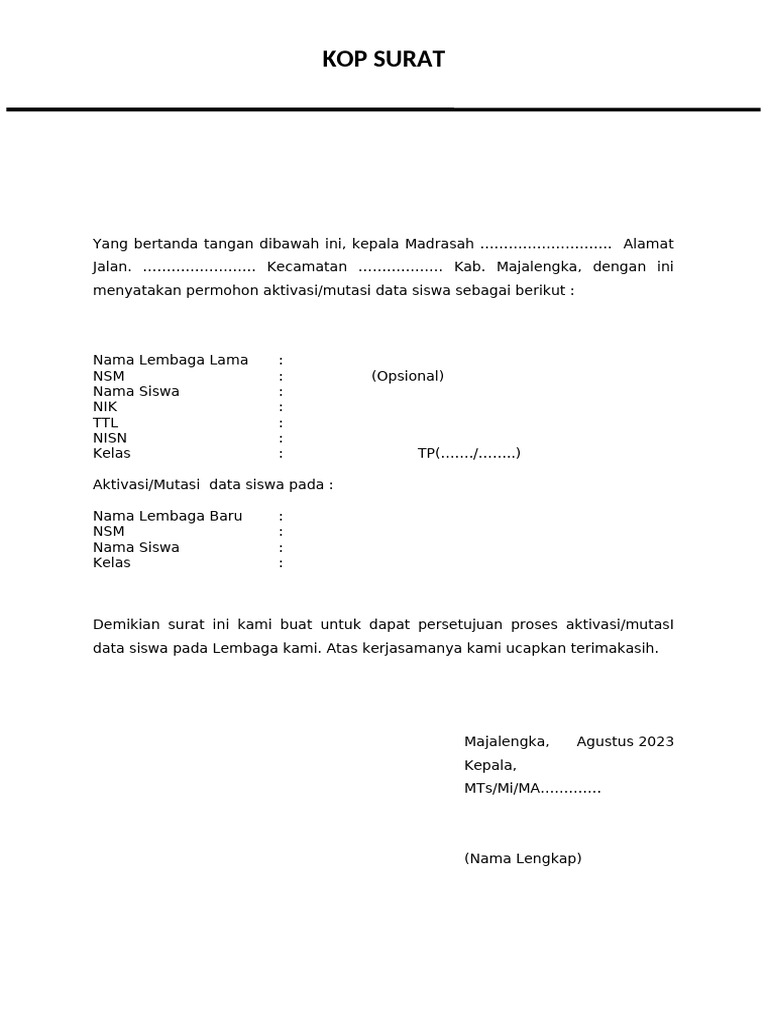 Form Mutasi & Aktivasi Siswa | PDF