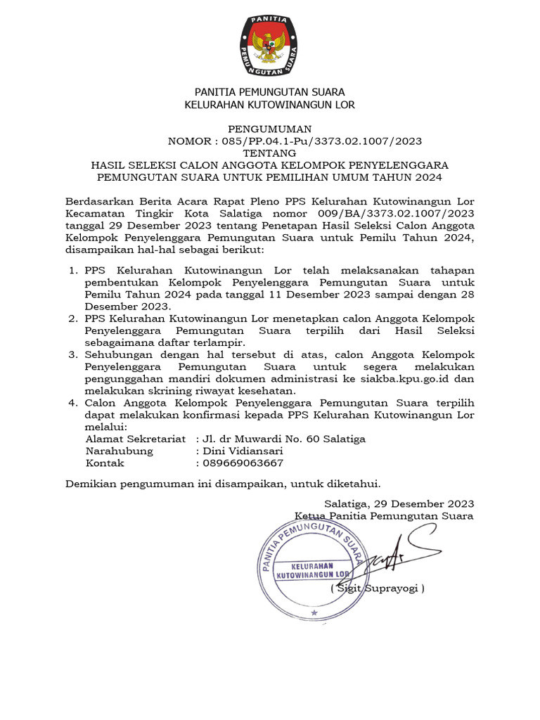 PENGUMUMAN PPS PENETAPAN HASIL KPPS Per TPS Ktw Lor | PDF
