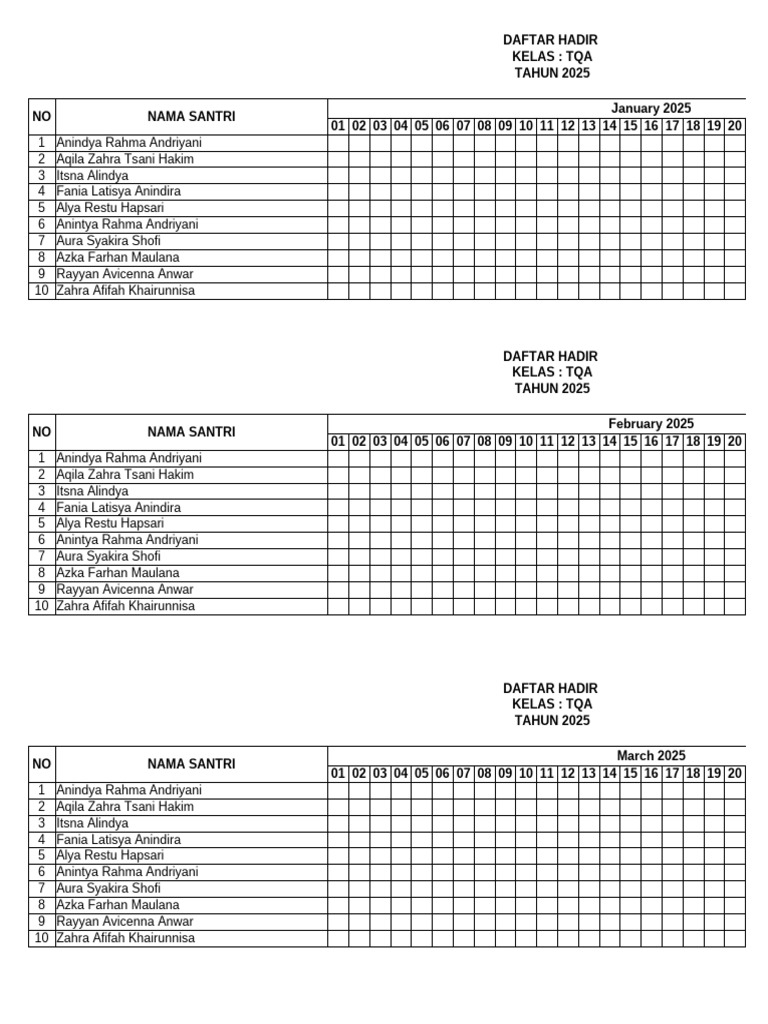 Daftar Hadir Kelas TQA dan TPQ 2025 | PDF