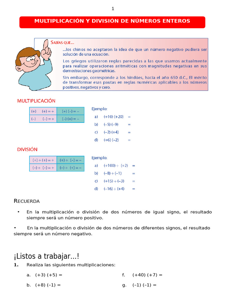 Multiplicación y División de Números Enteros | PDF