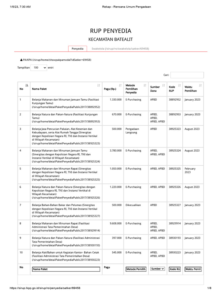 Rekap - Rencana Umum Pengadaan Penyedia | PDF