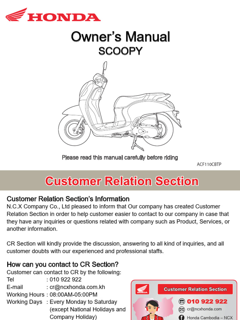 Honda Scoopy ACF110CBTP Owner's Manual | PDF | Gasoline | Brake