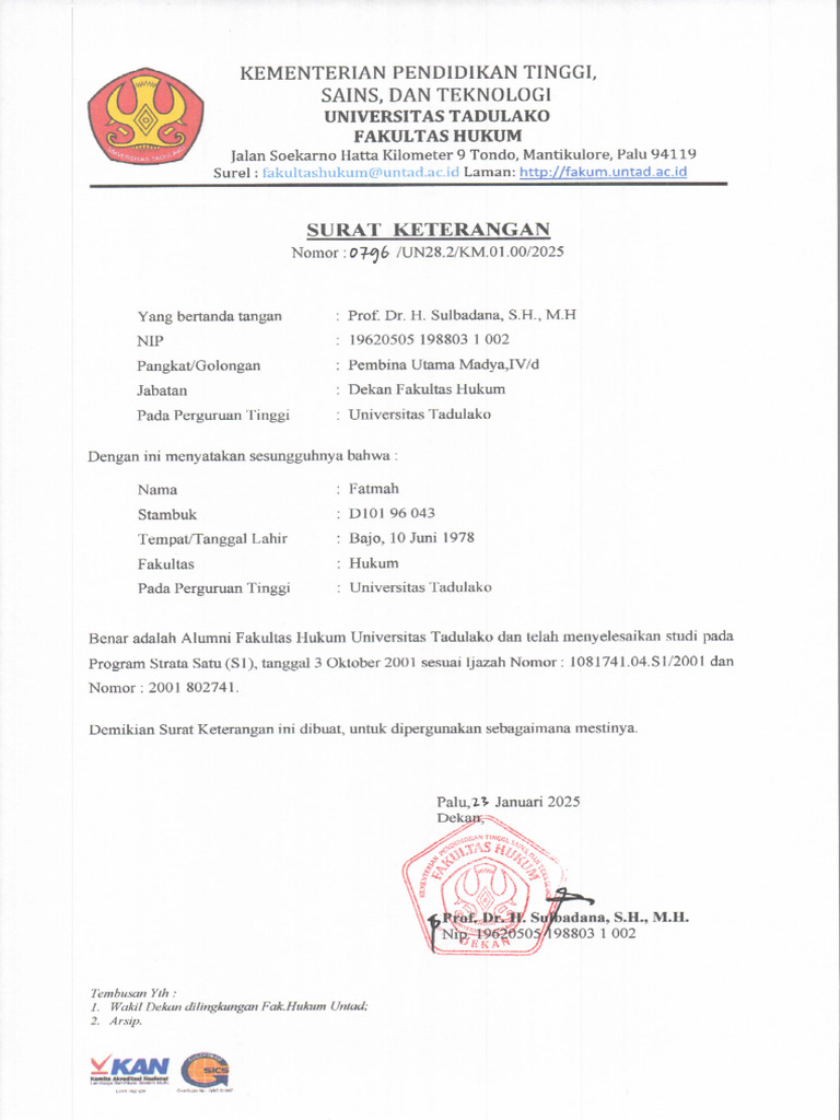 Surat Keterangan Mahasiswa Untad | PDF