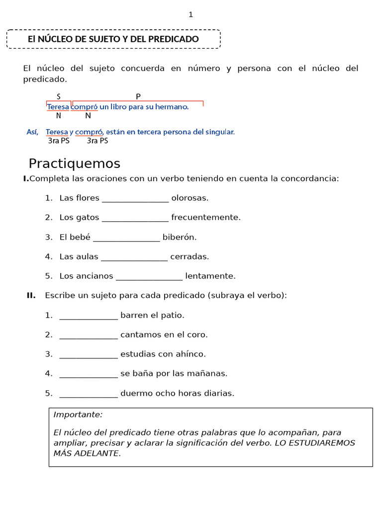 El-Núcleo-del-Sujeto-y-del-Predicado-para-Cuarto-Grado-de-Primaria | PDF | Predicado (Gramática ...
