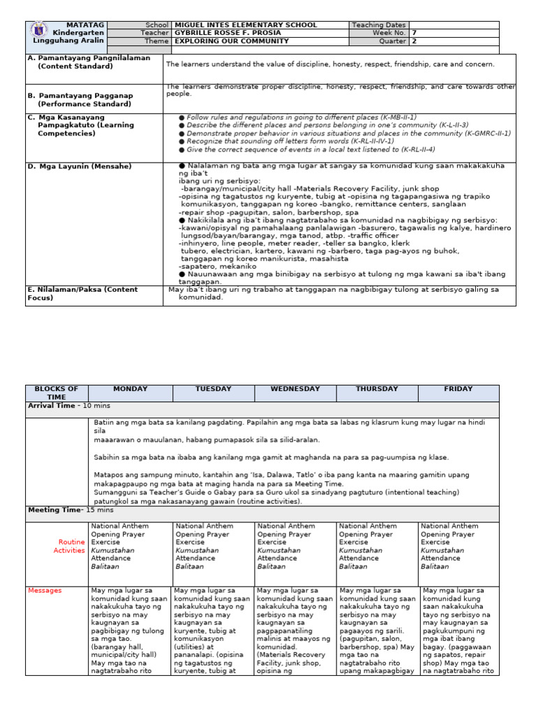Kindergarten-DLL-Matatag-Q2 - Week 7 | PDF