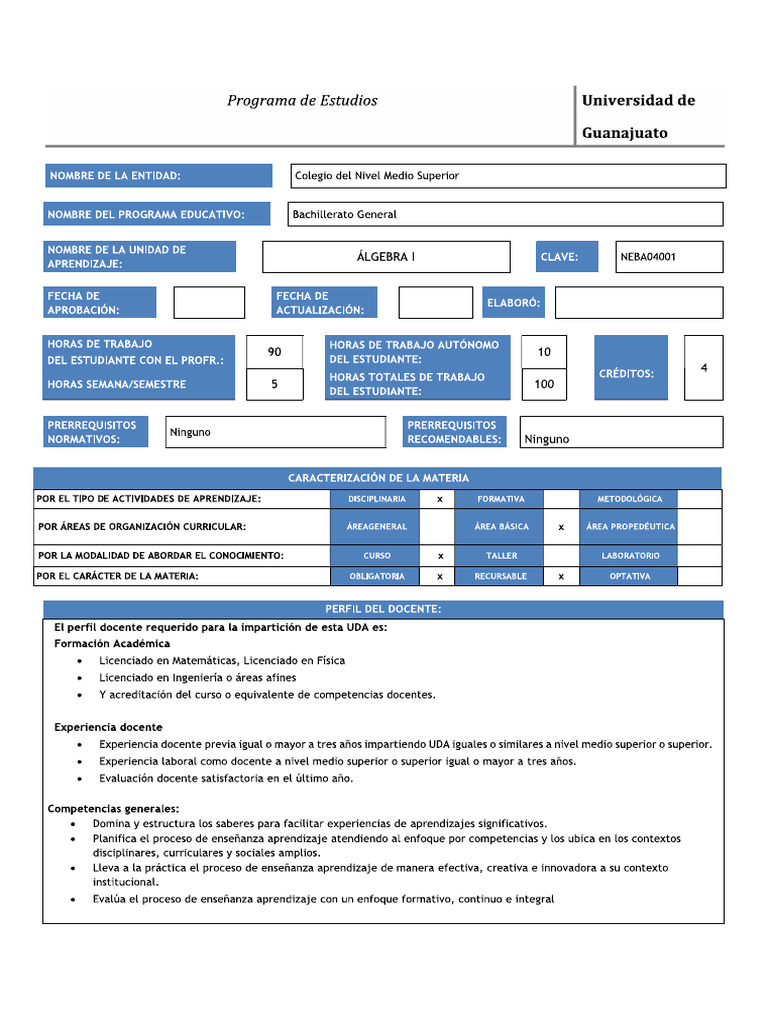 Plan de Estudios 2020 UG ALGEBRA | PDF