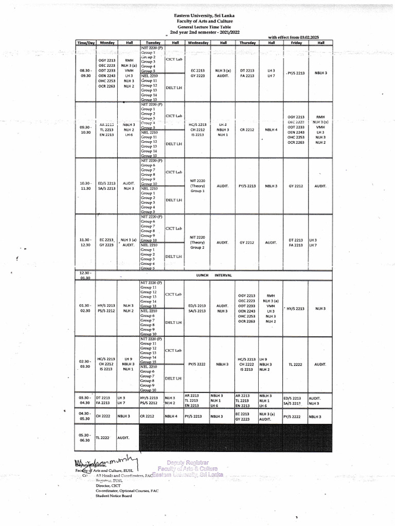 General Lecture Time Table For 2nd Year 2nd Semester 2021 2022, FAC | PDF