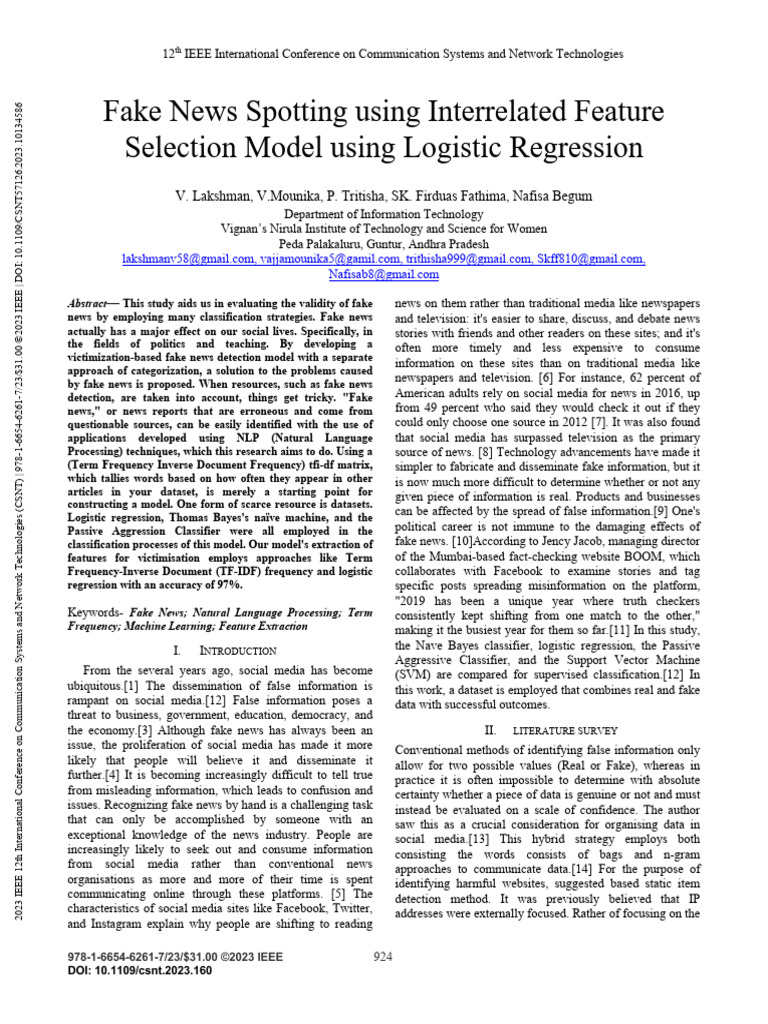 Fake News Spotting Using Interrelated Feature Selection Model Using Logistic Reg | PDF