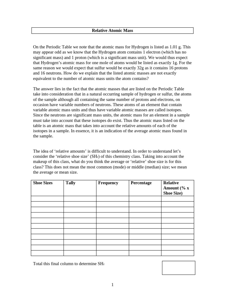 Relative Atomic Mass - Student Copy C11-3-01 | PDF | Isotope | Atoms