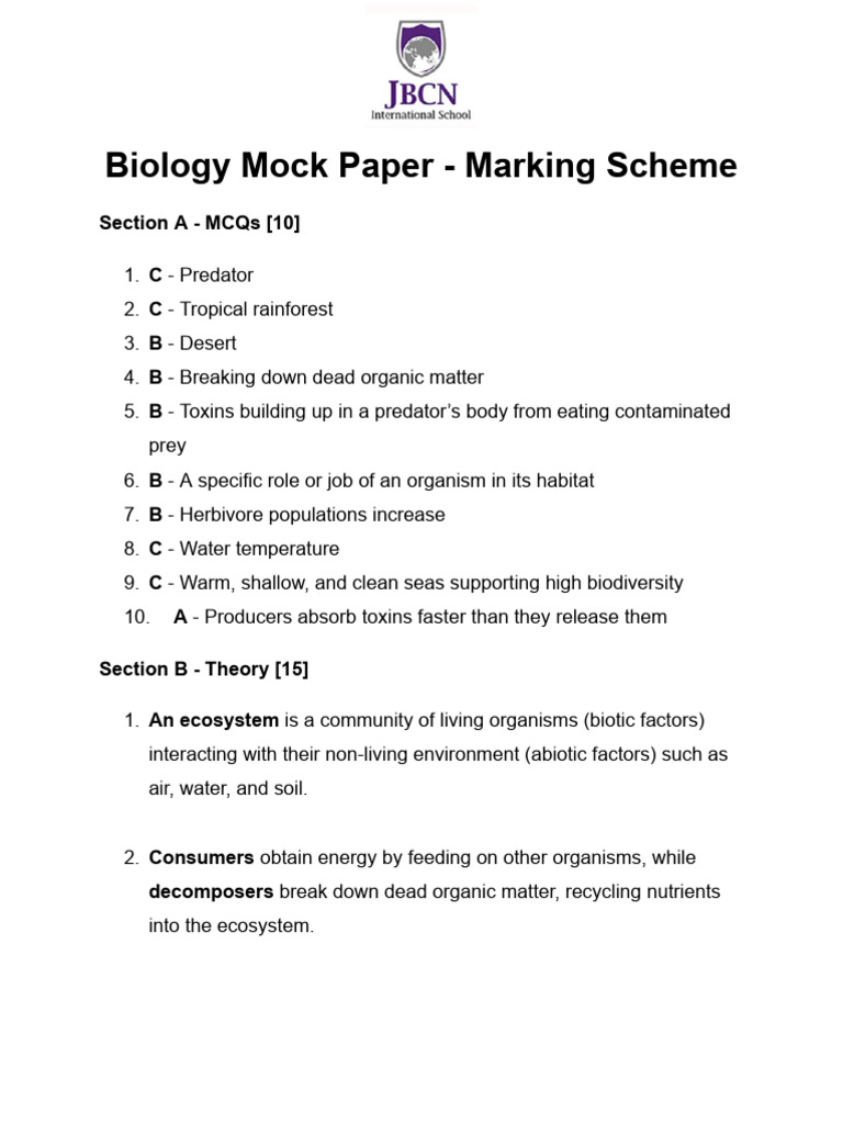 Biology Mock Paper Marking Scheme | PDF | Predation | Ecosystem