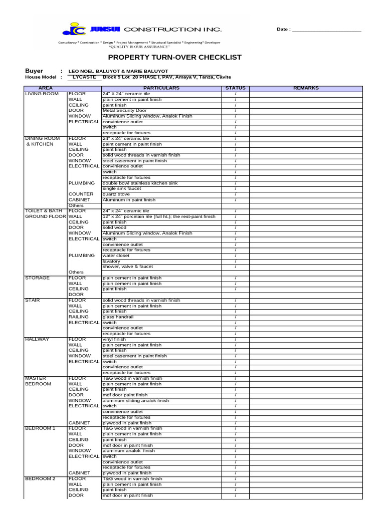 Property Turnover Checklist for Homes | PDF | Sink | Toilet