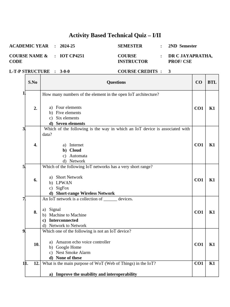 IoT Technical Quiz for CP4251 Course | PDF | Internet Of Things ...