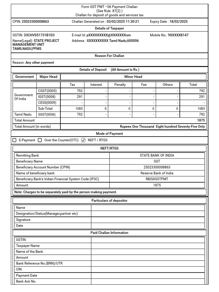 GST PMT-06 Payment Challan Form | PDF | Cheque | Financial Services
