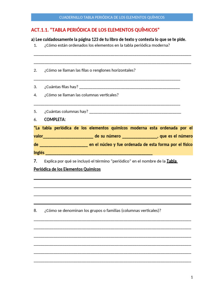 Actividades Sobre La Tabla Periódica Pdf Tabla Periódica Rieles 1702