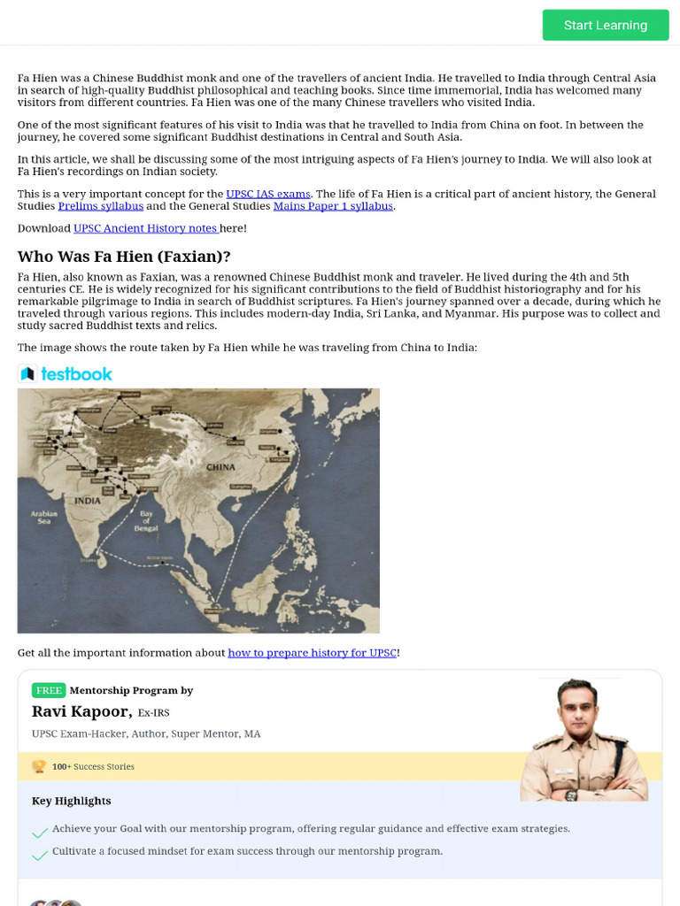 Fa Hien (Faxian) - Visit To India, Recordings & More - in Detail | PDF