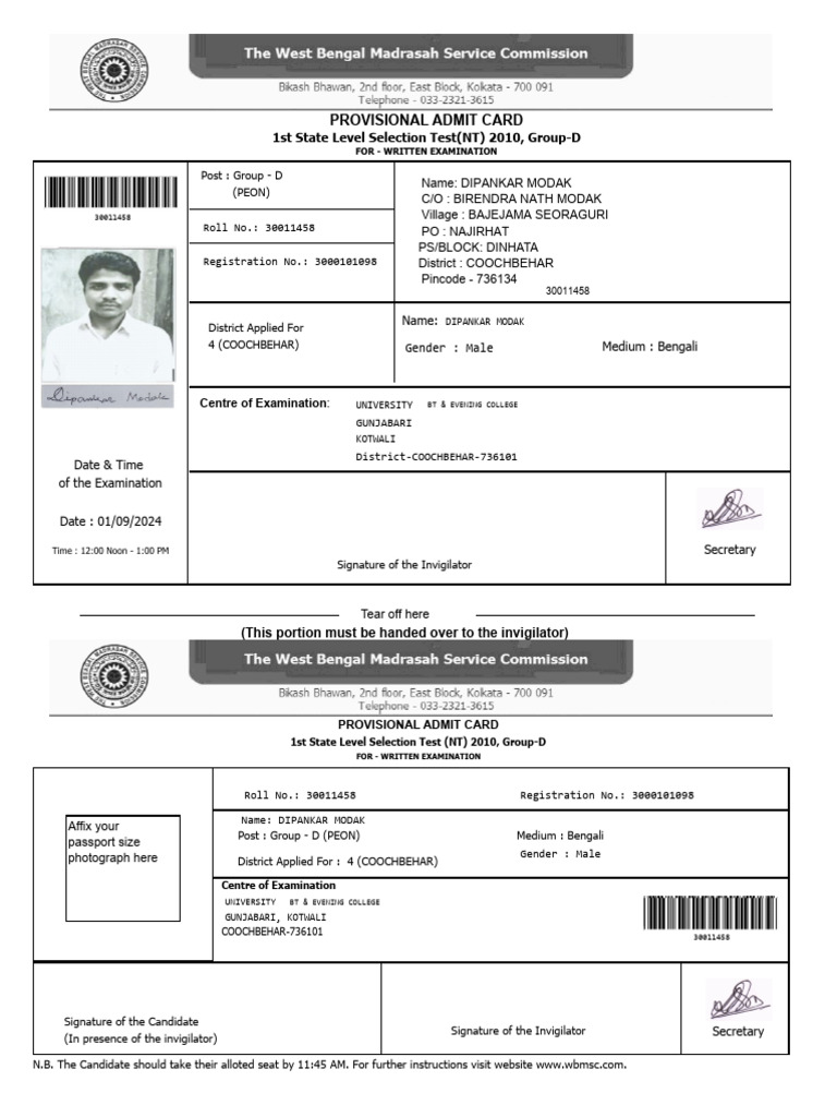Admit Admit WBMSC of 1st SLST (NT) 1-3001145Group-D | PDF